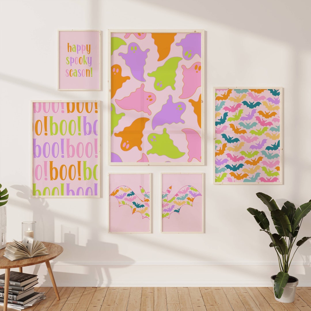 Cute Halloween Gallery Wall Art Prints, Pink Halloween Decor Prints Set ...