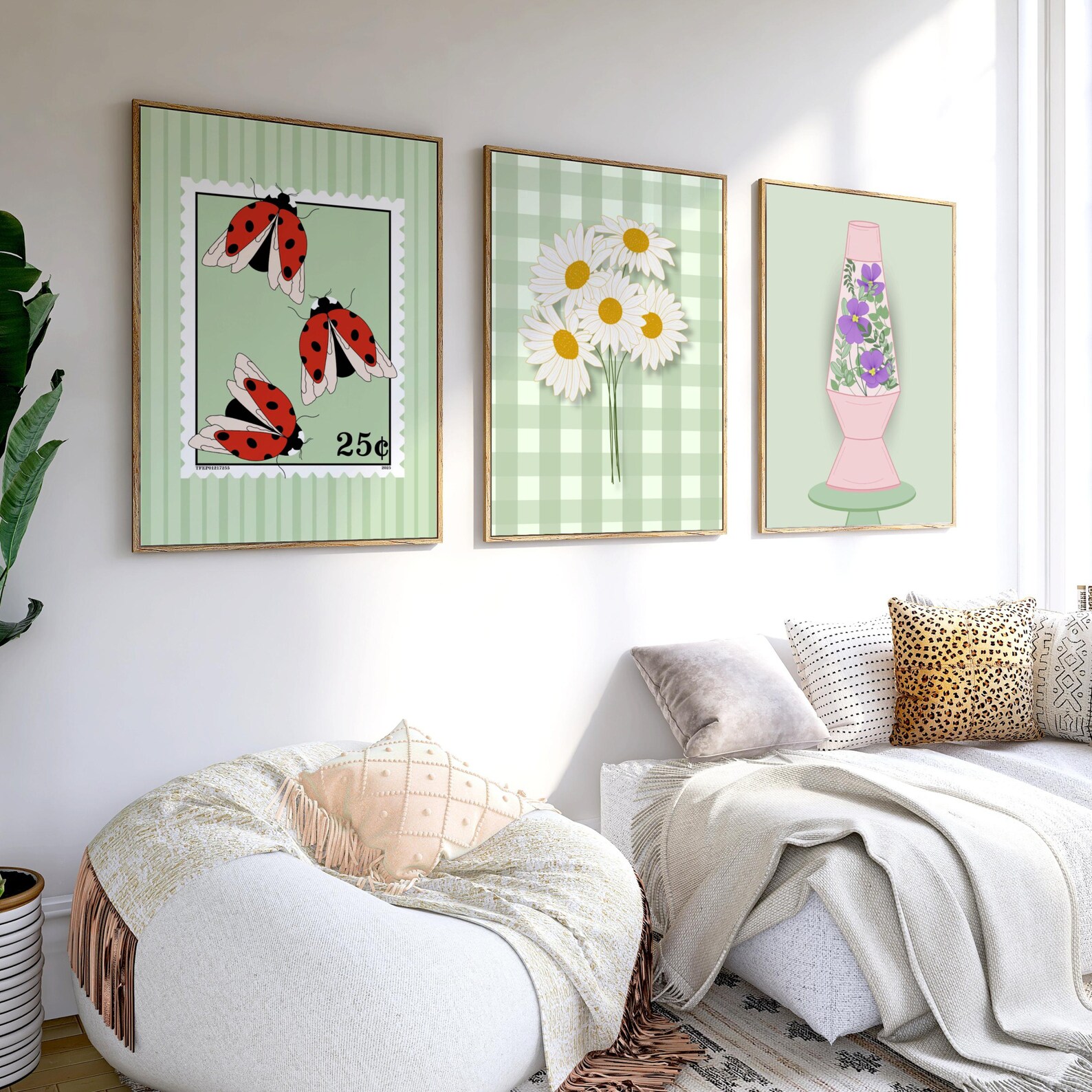 Sage Green Wall Art Set of 3, Cute Ladybug Print, Daisy Gingham Decor ...