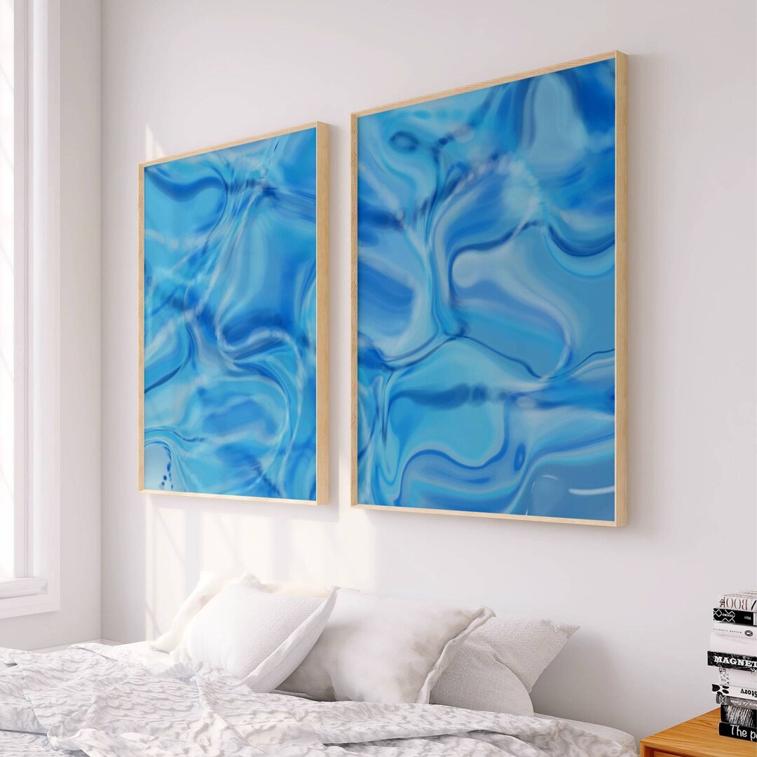 Blue Wall Art Set of 2, Abstract Water Poster, Coastal Aesthetic Prints ...