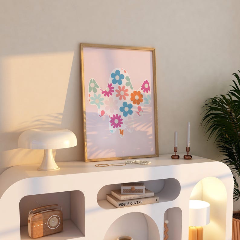 Pink Halloween Wall Art Printable, Floral Ghost Art Print for ...