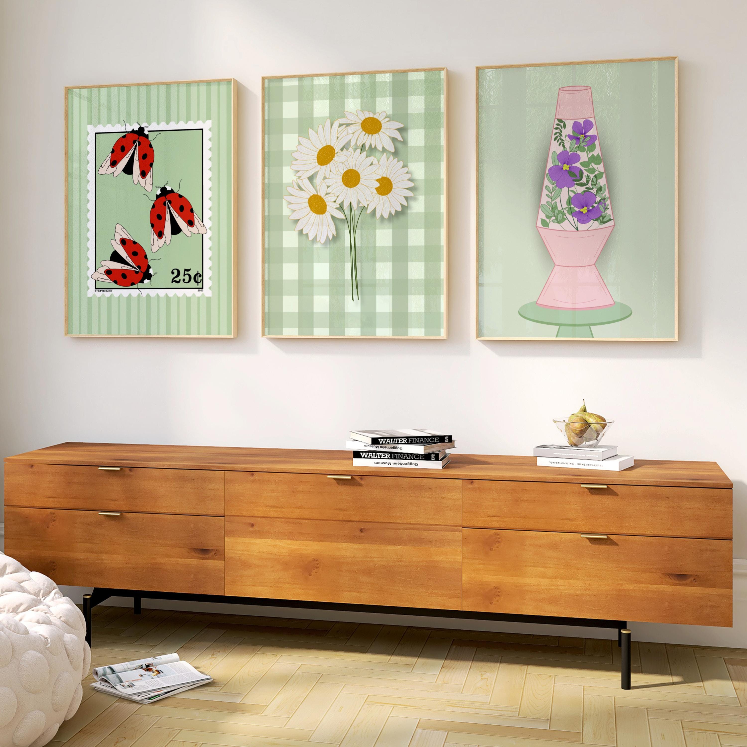 Sage Green Wall Art Set of 3, Cute Ladybug Print, Daisy Gingham Decor ...