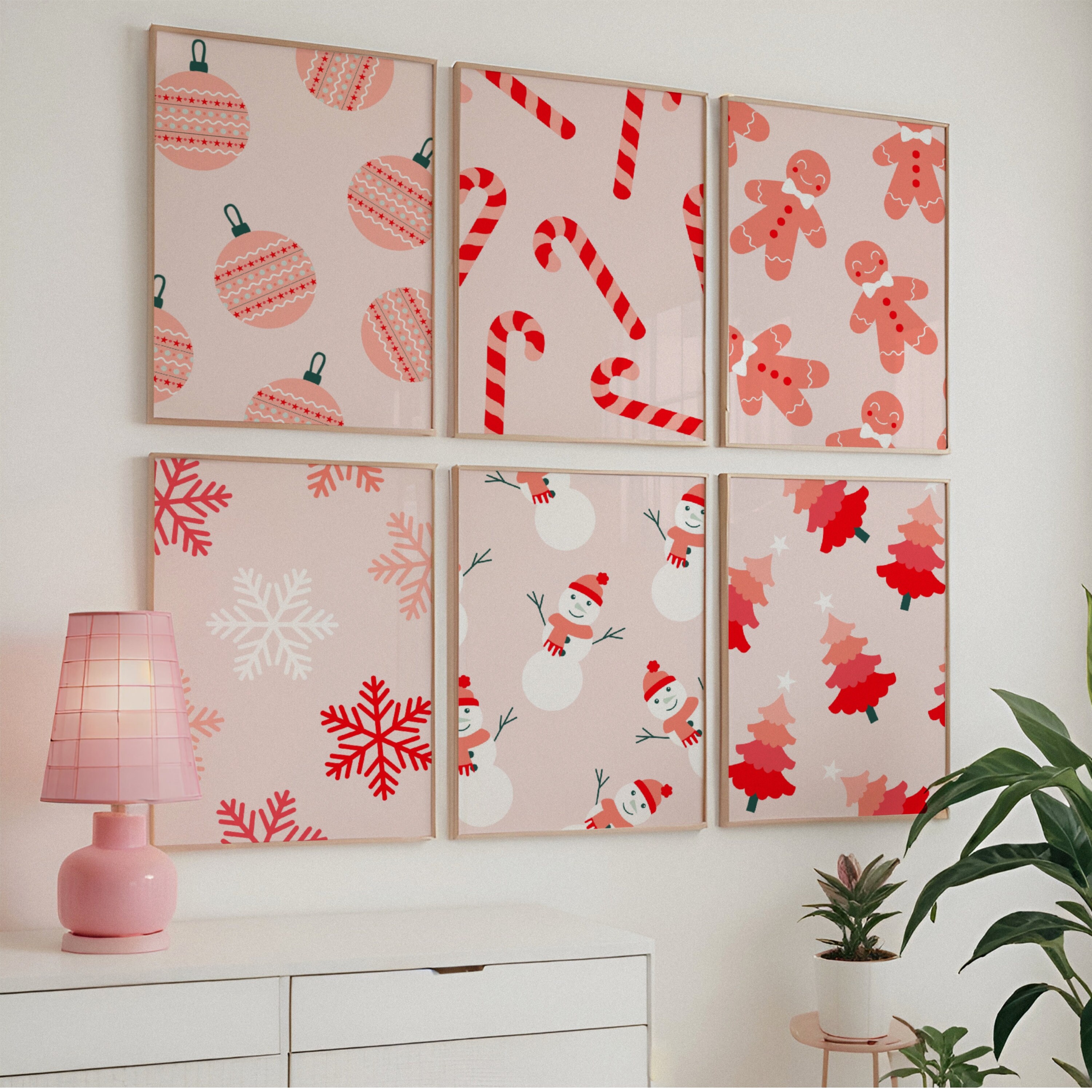 Pink Christmas Gallery Wall Set of 6 Prints, Cute Holiday Wall Art ...