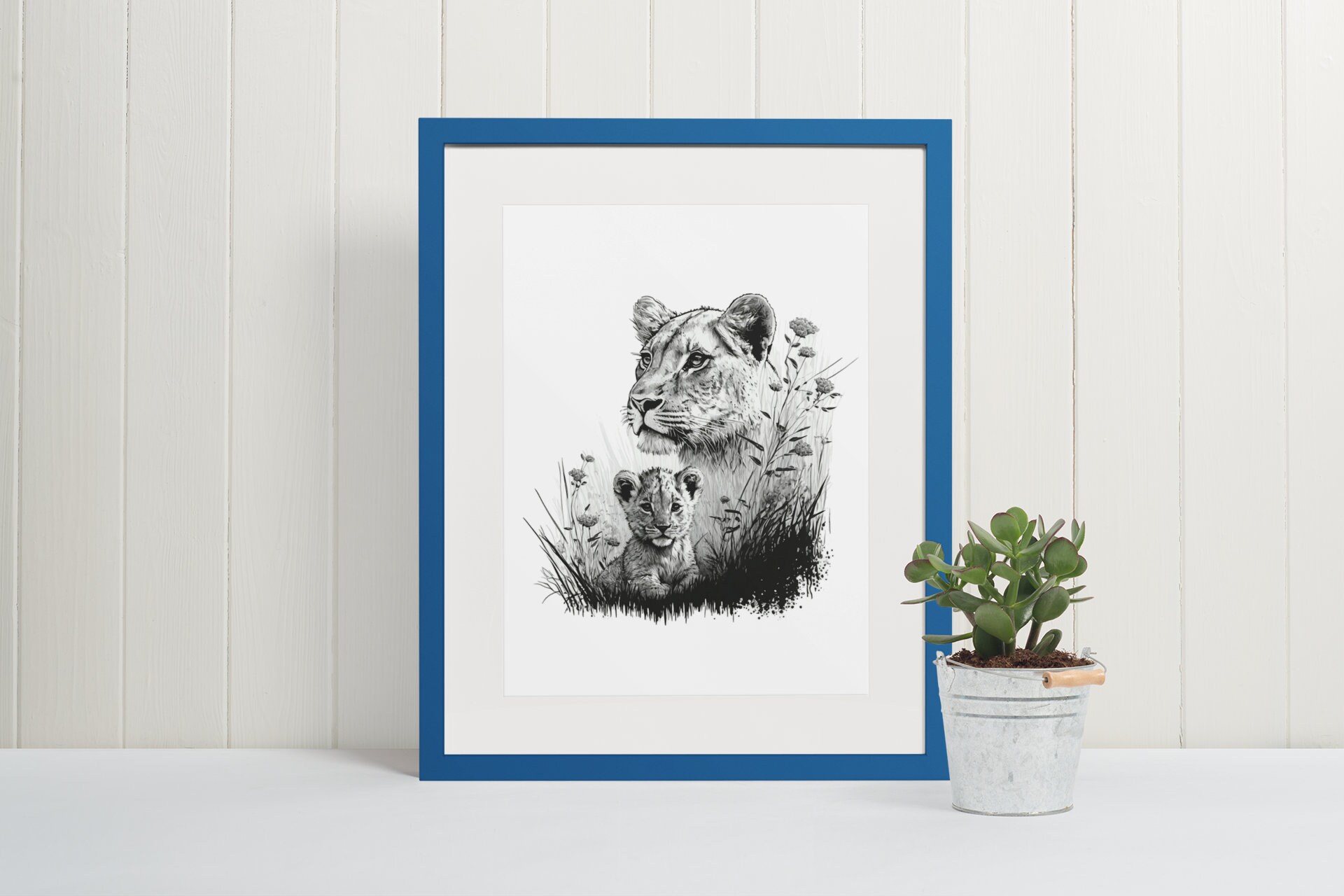 Lioness and Cub Print, Black & White, Printable Wall Art, Digital ...