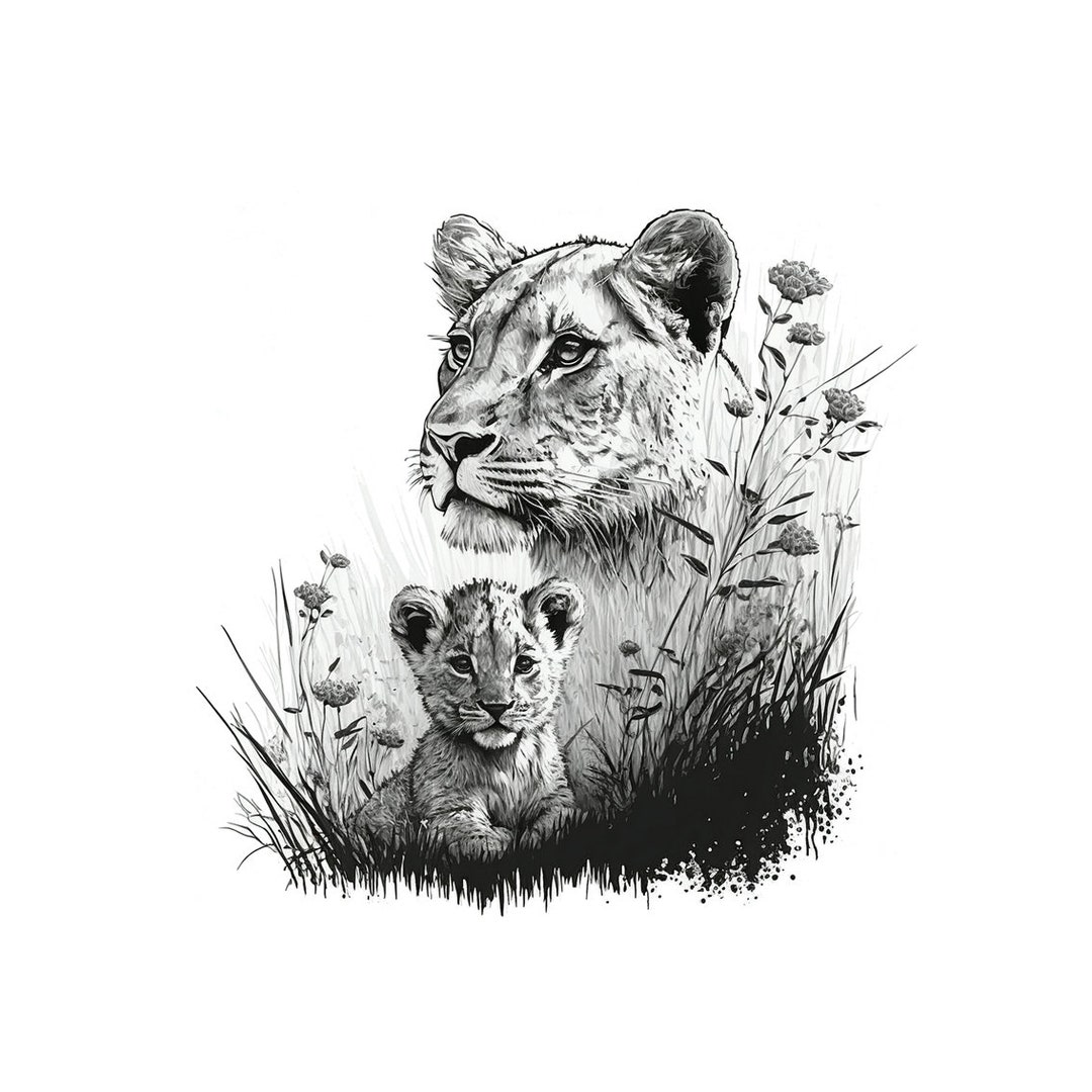 Lioness and Cub Print, Black & White, Printable Wall Art, Digital ...