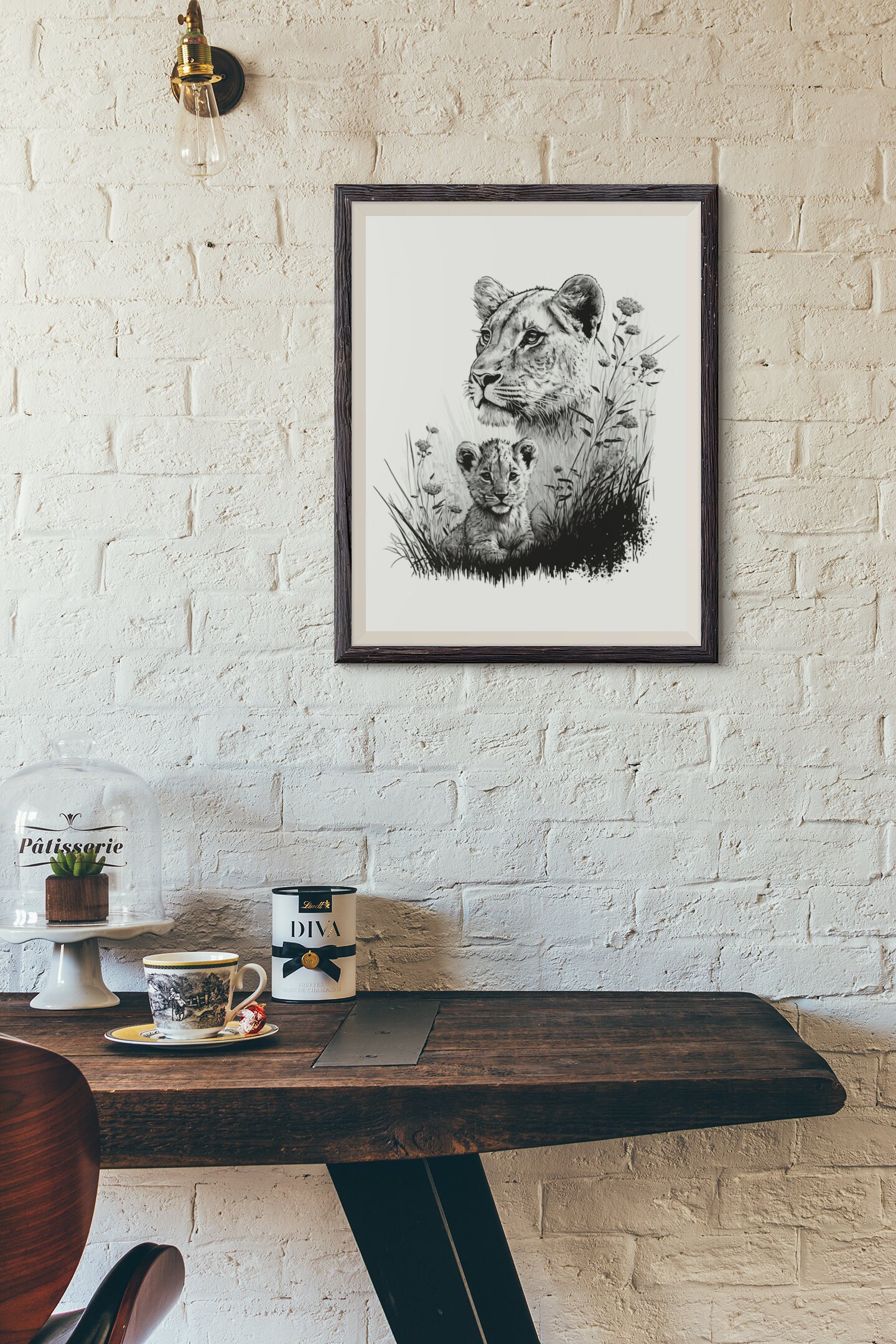 Lioness and Cub Print, Black & White, Printable Wall Art, Digital ...