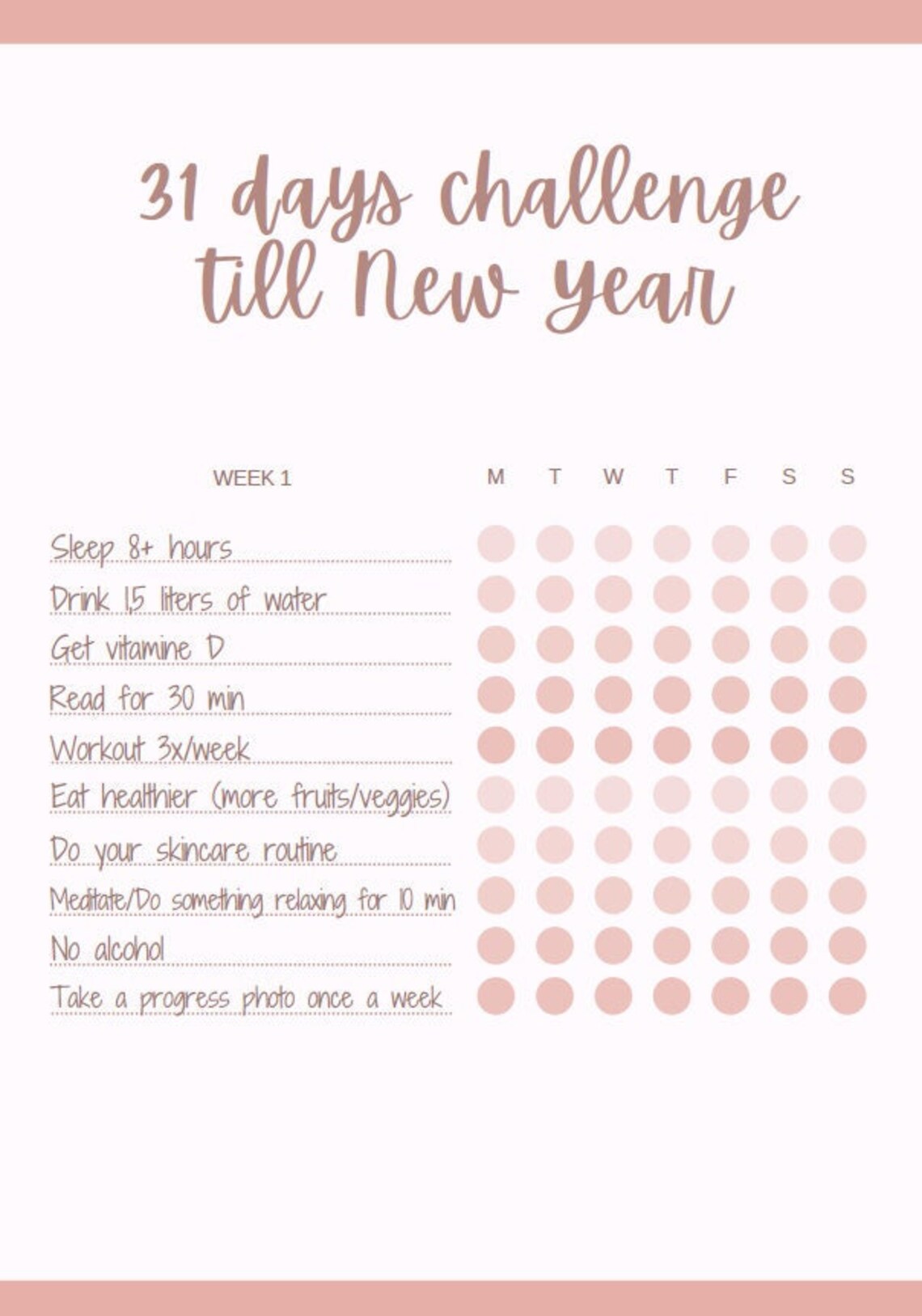 31 Day Challenge Tracker Till New Year, 31 Day Habit Tracker Printable ...
