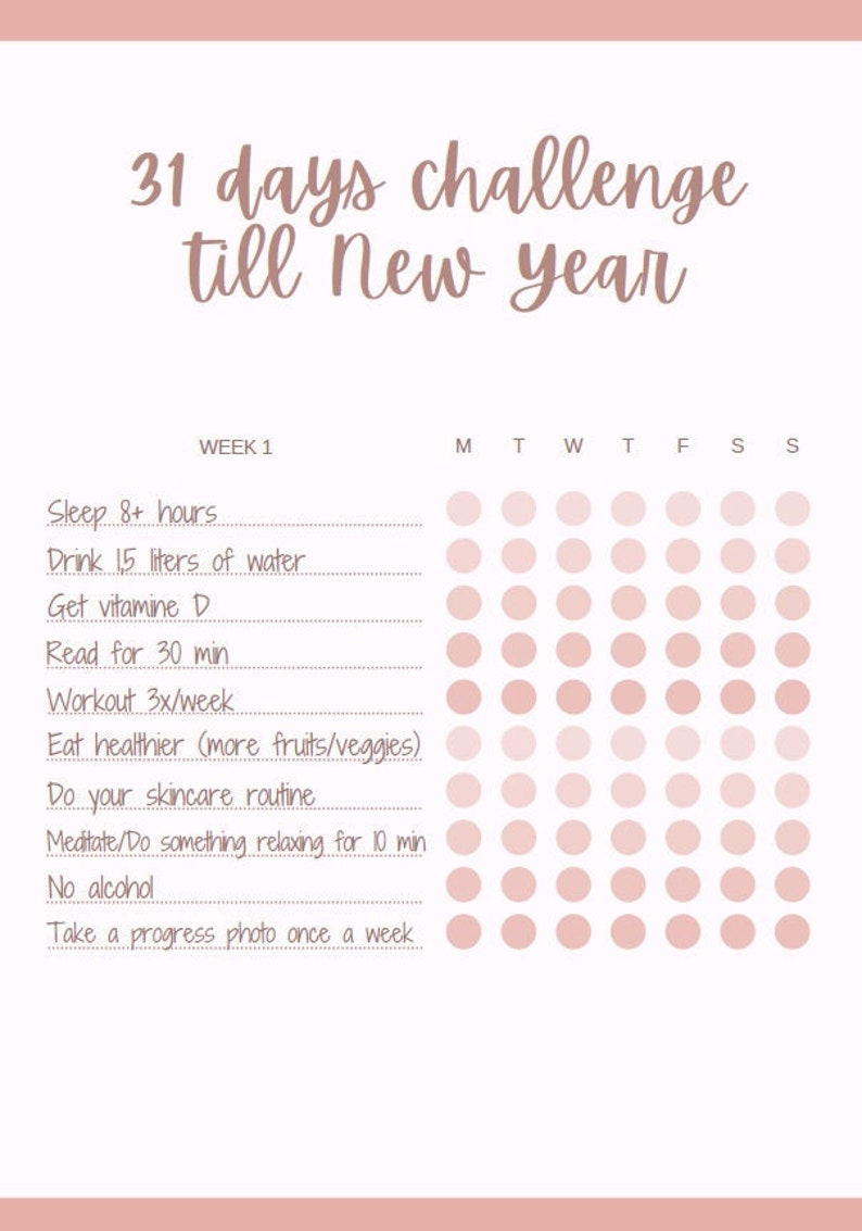 31 Day Challenge Tracker Till New Year, 31 Day Habit Tracker Printable ...
