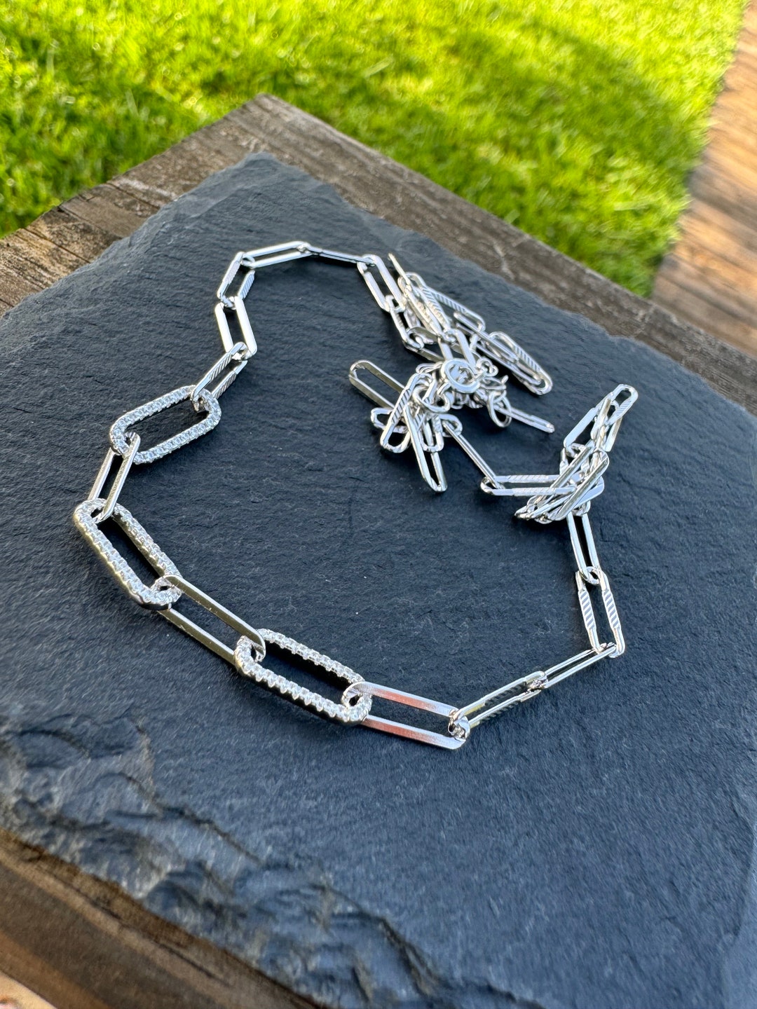 Chunky Sterling Silver Paperclip Necklace, Pave Zircon Paperclip Link ...