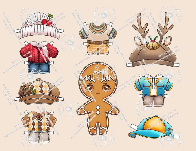 Chibi Gingerbread Boy Paper Doll & Coloring Page, Kids Craft, Christmas ...