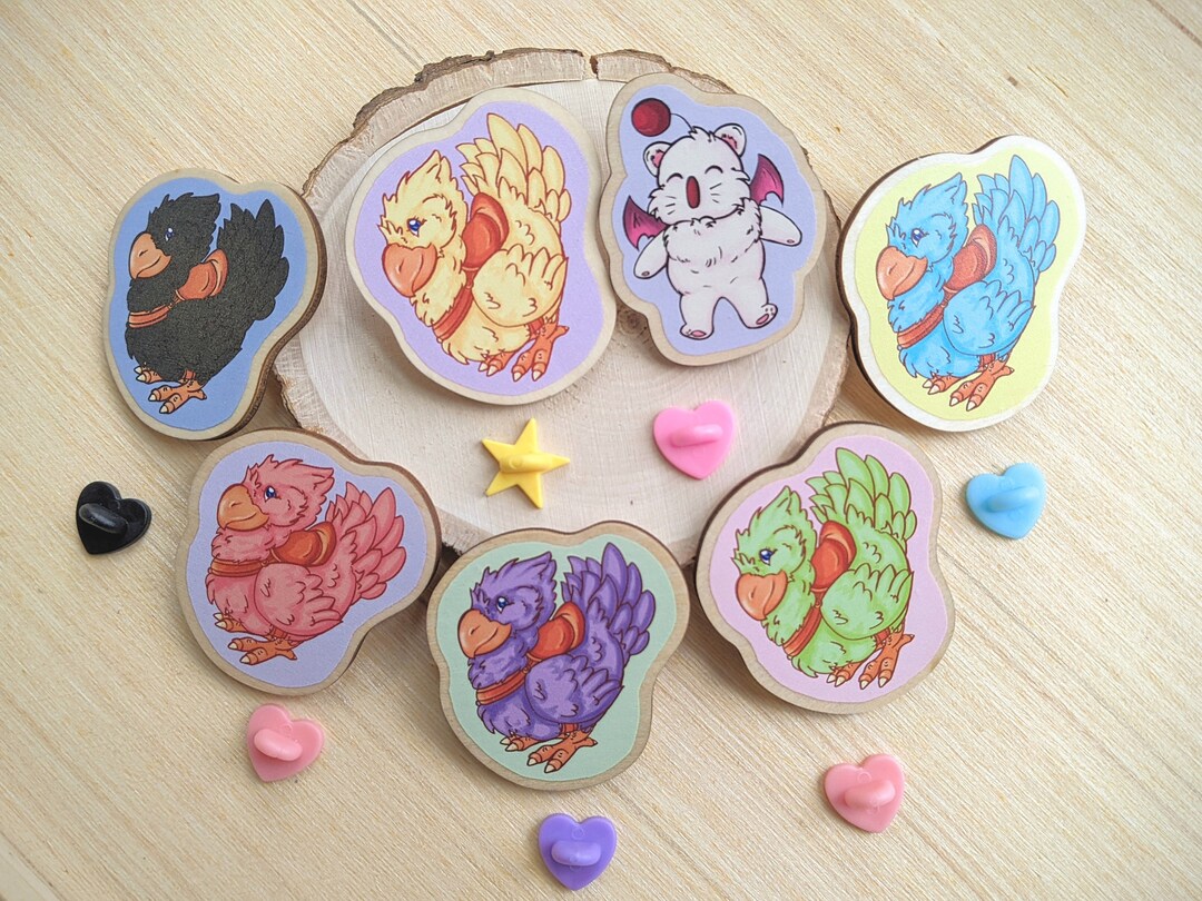 Final Fantasy Chocobo and Moogle Wood Pin Badges - Etsy