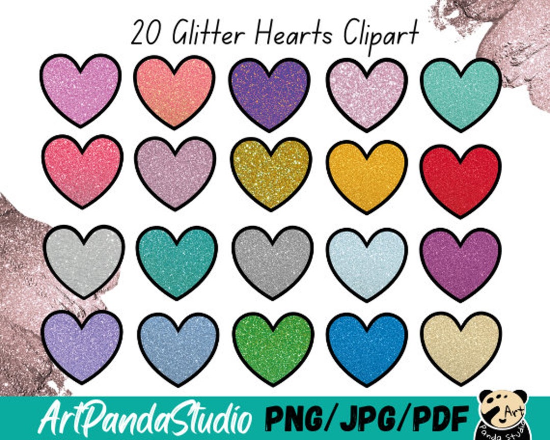 20 Glitter Hearts Clipart, Romantic Glitter Clipart, Shimmering Heart ...