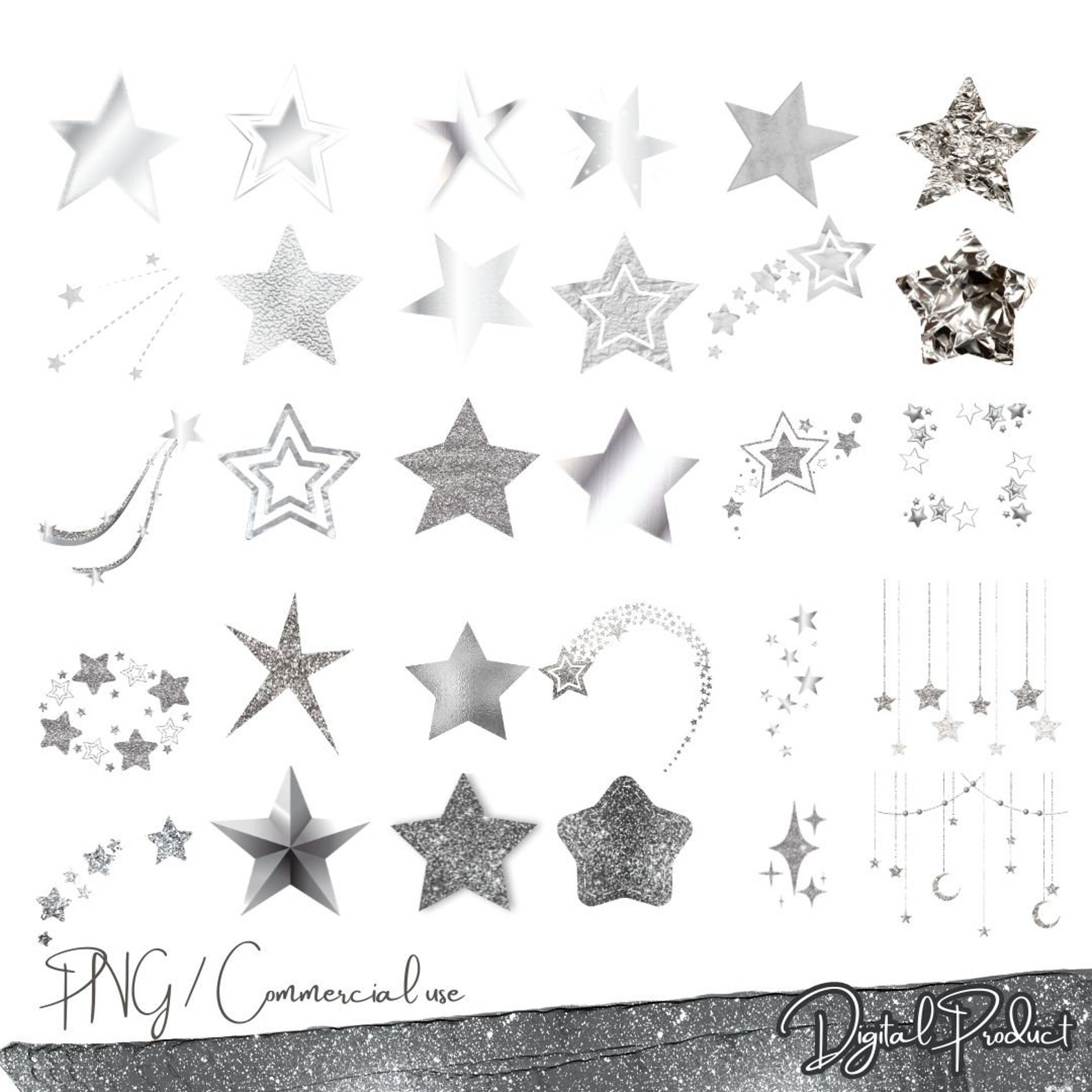 Shiny Glitter Stars Bundle | Shiny Foil Stars Clipart | Commercial Use ...
