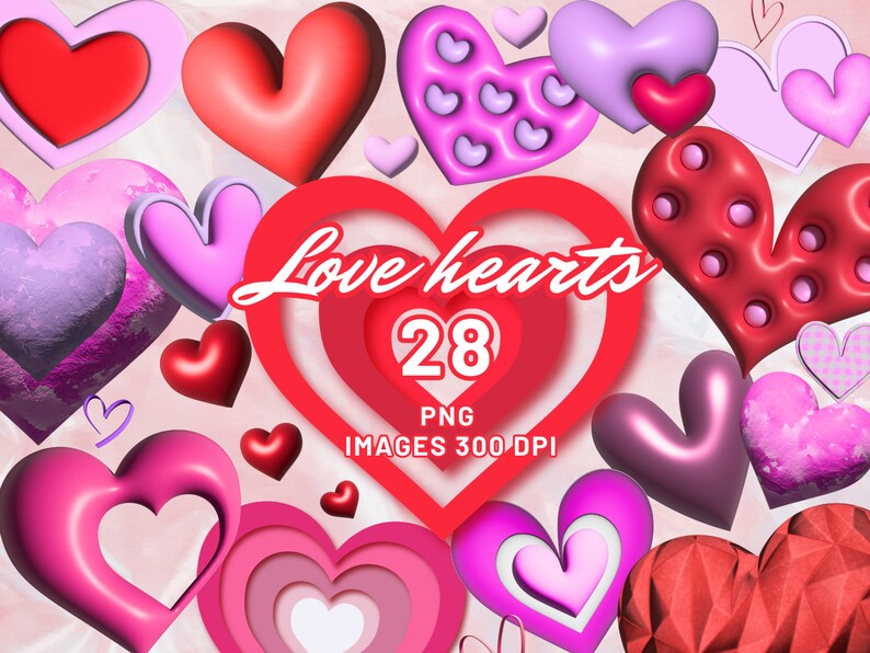 3D Love Hearts Clipart PNG PDF| Commercial Use | Romantic Graphics ...