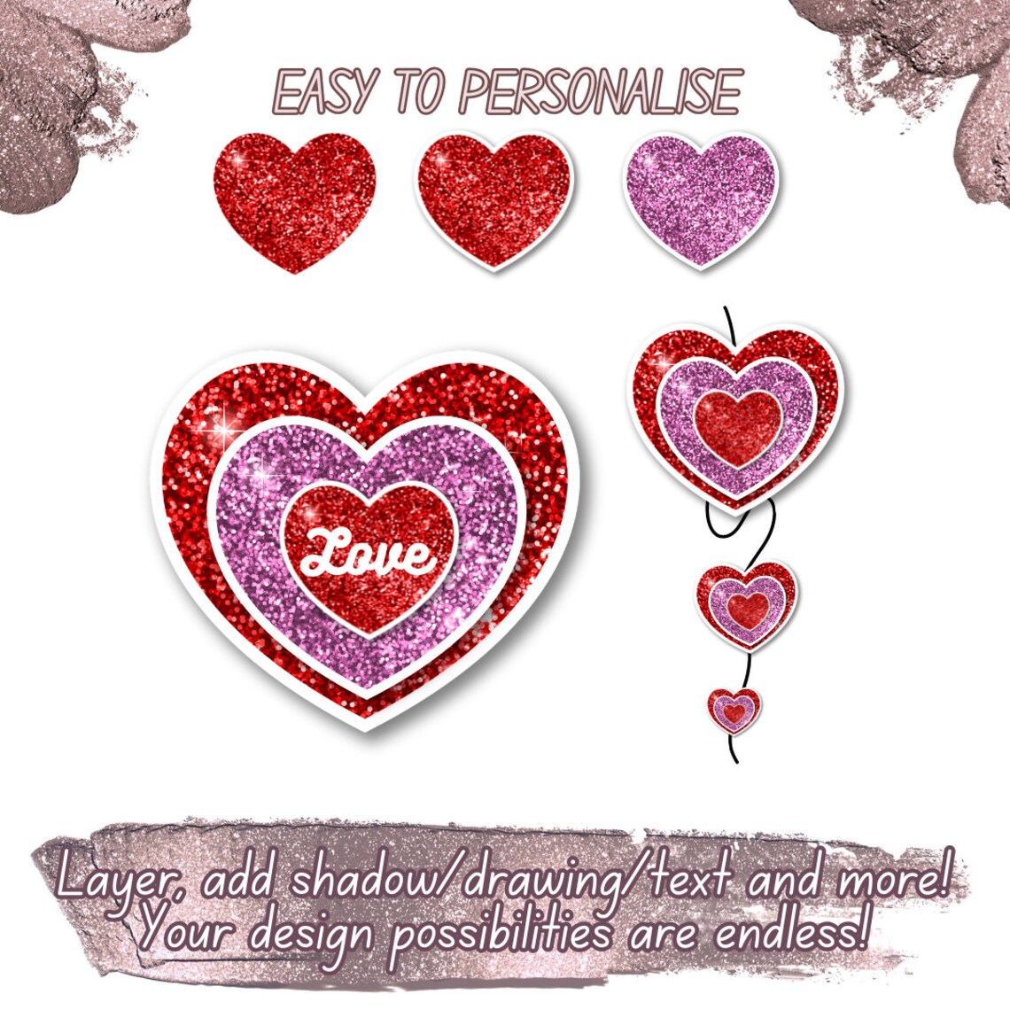 30 Glitter Hearts Clipart, Sparkling Hearts Clipart Bundle, Glittery ...