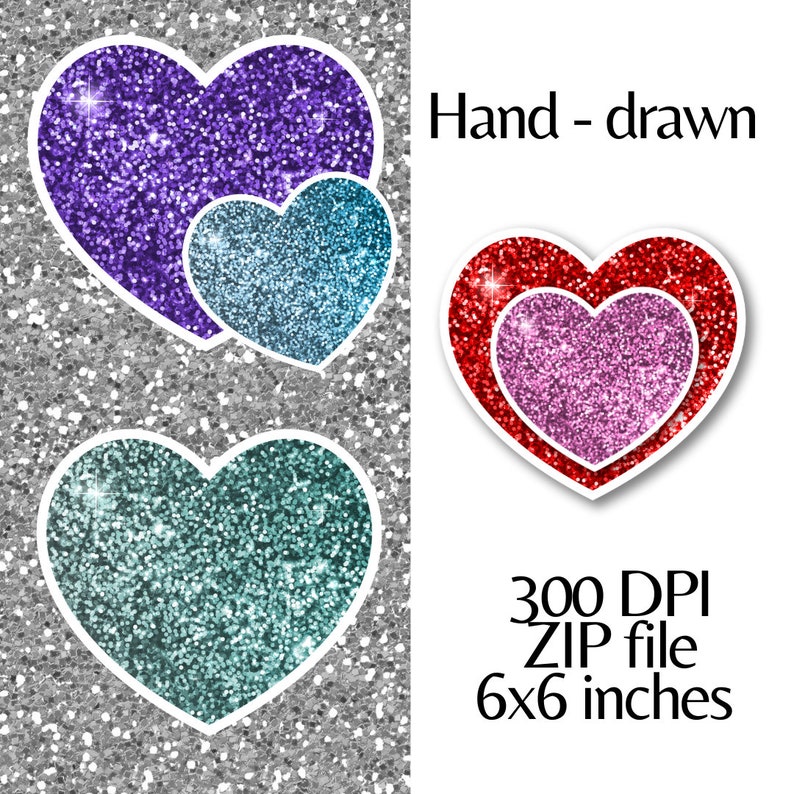 30 Glitter Hearts Clipart, Sparkling Hearts Clipart Bundle, Glittery ...
