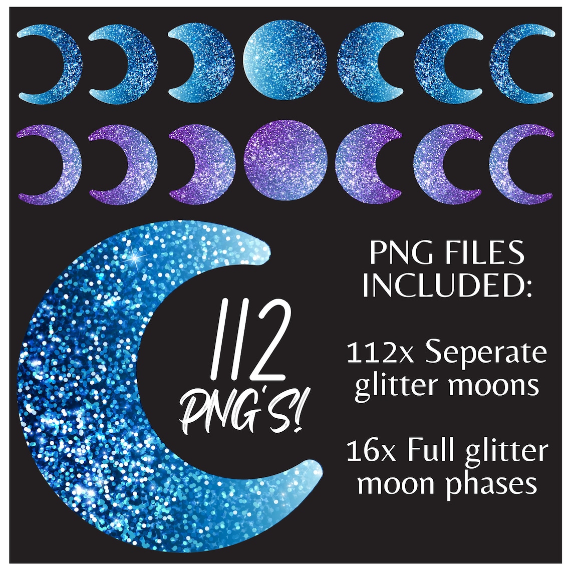 Glitter Moon Phase Clipart Rainbow Glitter Clipart Moon - Etsy