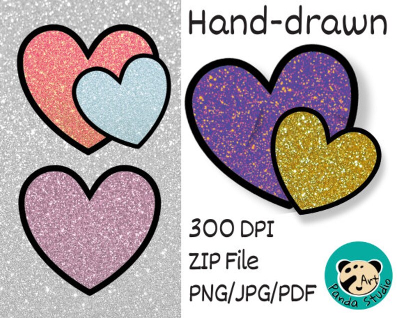 20 Glitter Hearts Clipart, Romantic Glitter Clipart, Shimmering Heart ...