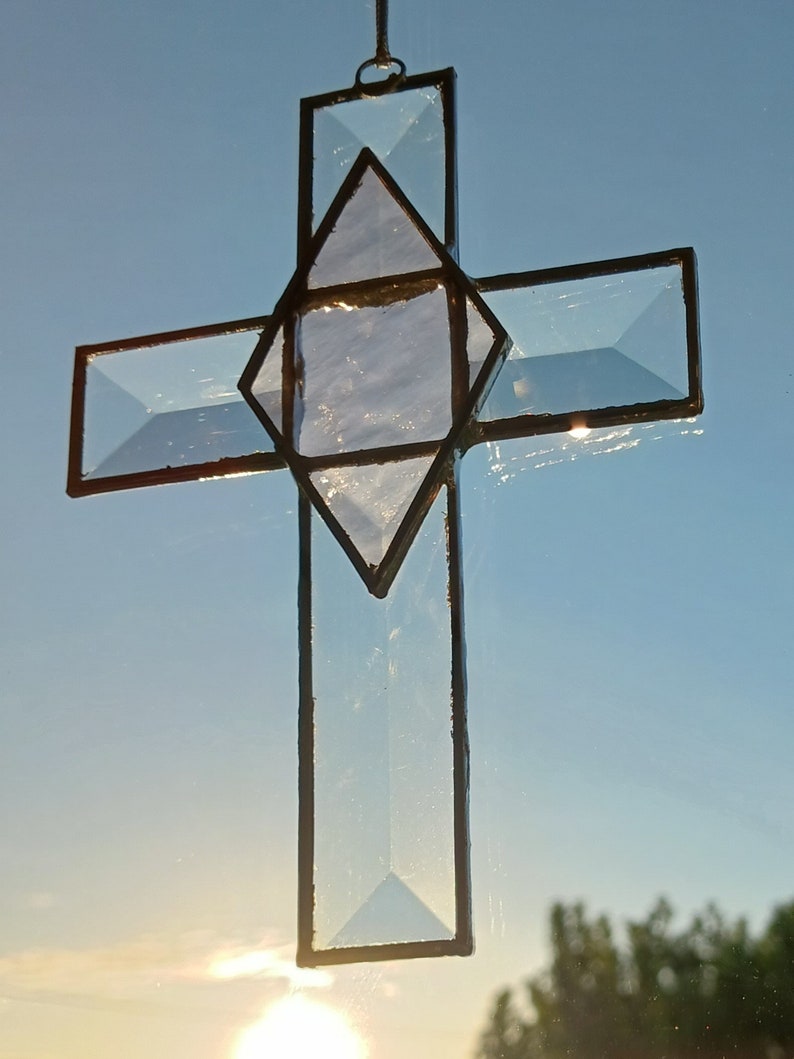 Cross Suncatcher Pink Ornament Christian Cross Stained Glass Bevel Art ...