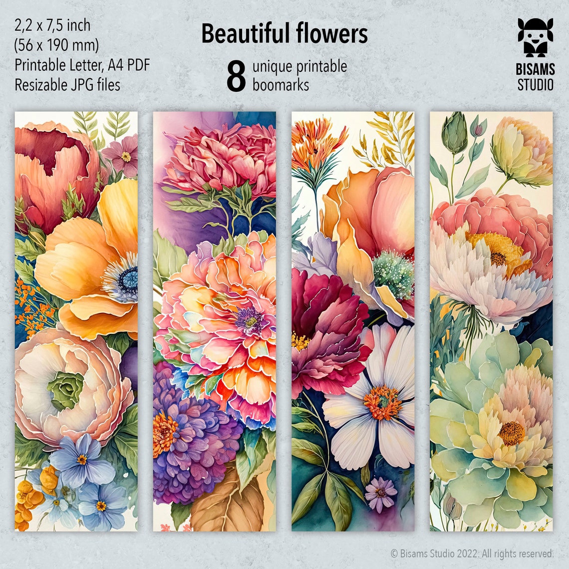 Floral Printable Bookmarks, Watercolor Flowers Digital Art, Botanical ...
