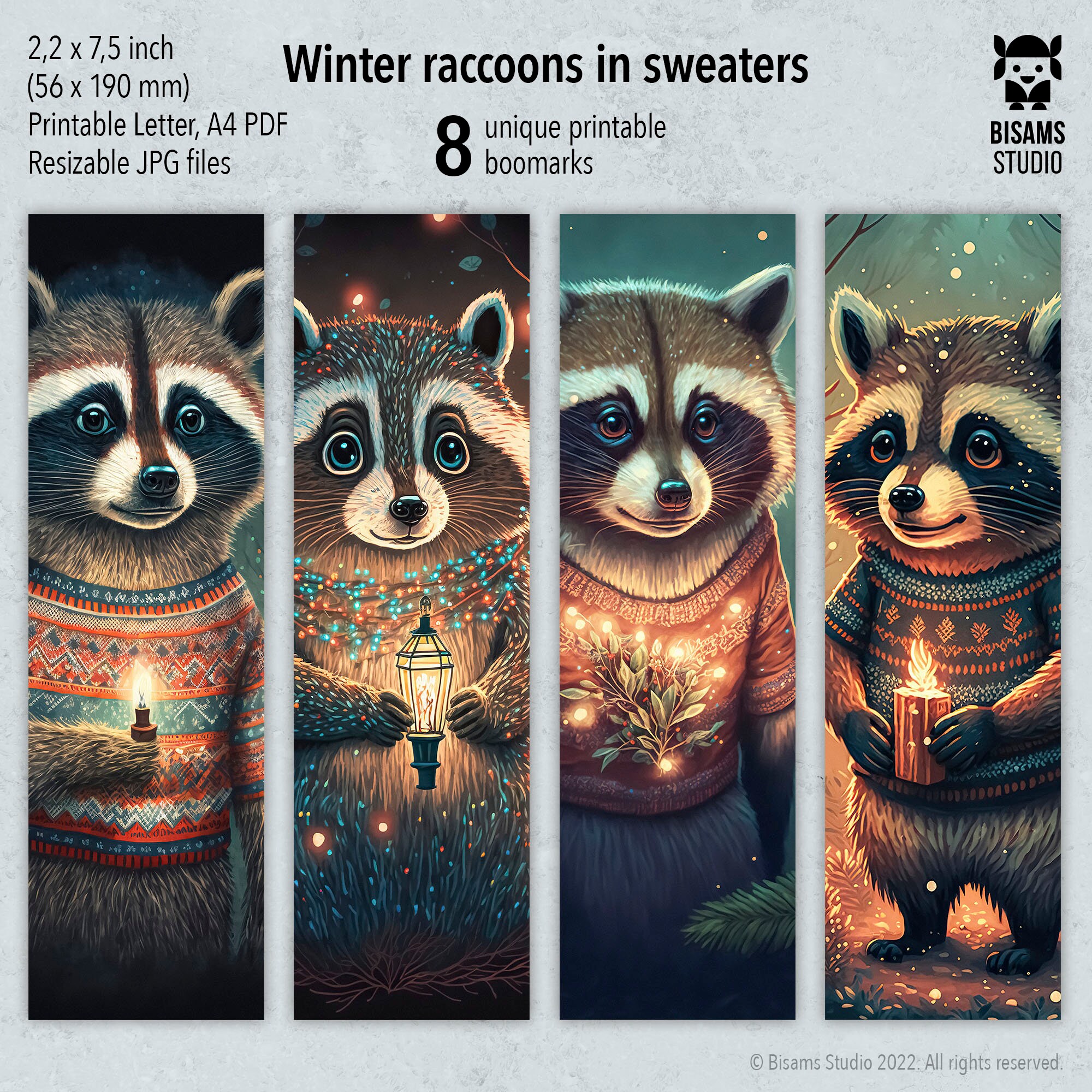 Printable Bookmarks Bundle With Winter Raccoons Design. Book Lover Gift ...