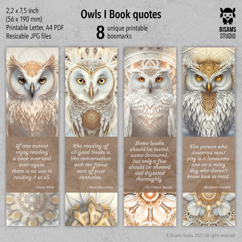 Printable Bookmarks With Mystic Owls Design and Book Quotes. Instant ...