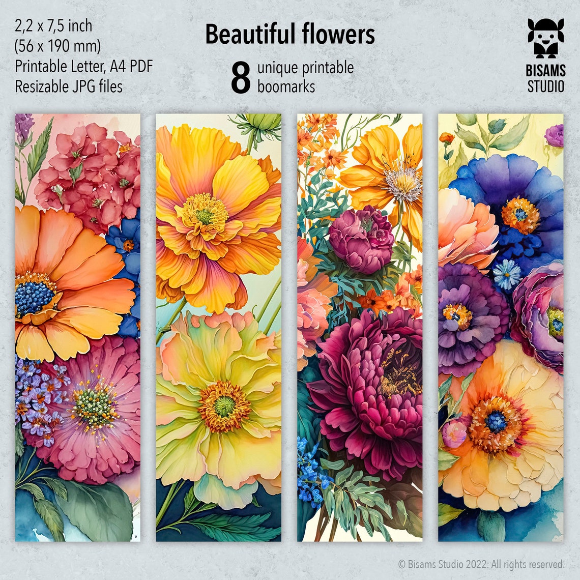 Floral Printable Bookmarks, Watercolor Flowers Digital Art, Botanical ...