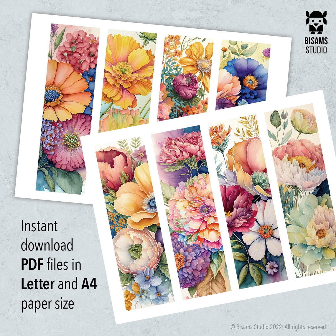 Floral Printable Bookmarks, Watercolor Flowers Digital Art, Botanical ...