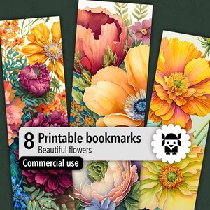 Floral Printable Bookmarks, Watercolor Flowers Digital Art, Botanical ...