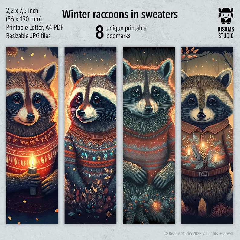 Printable Bookmarks Bundle With Winter Raccoons Design. Book Lover Gift ...