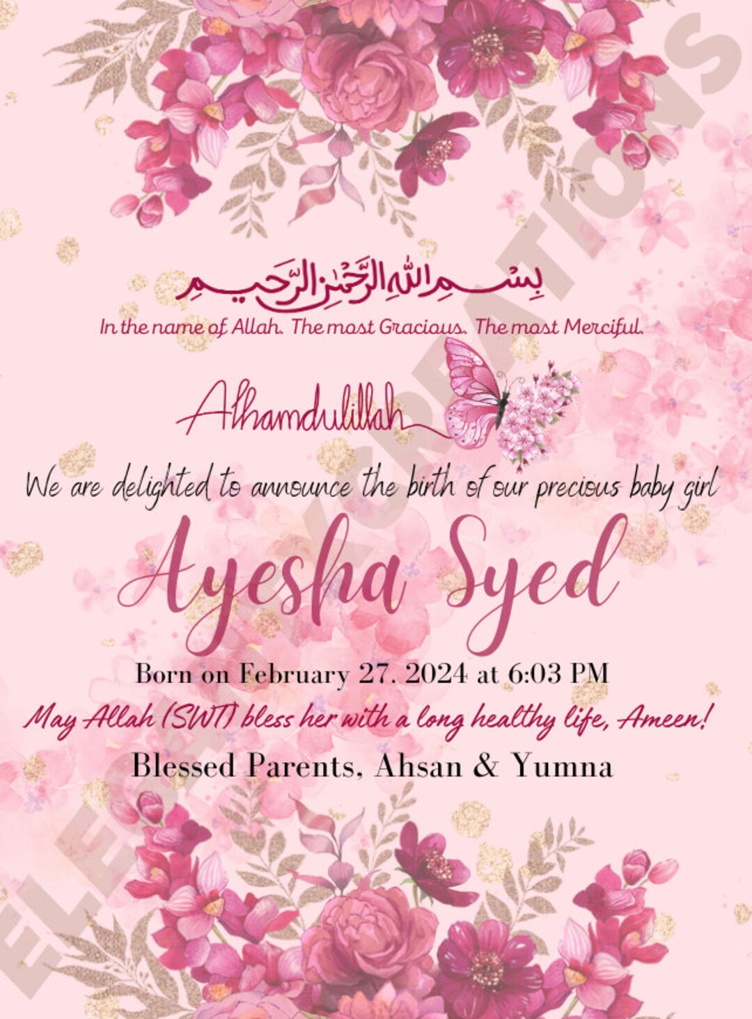 Editable Digital Muslim Baby Girl Announcement Card/ New Babygirl ...