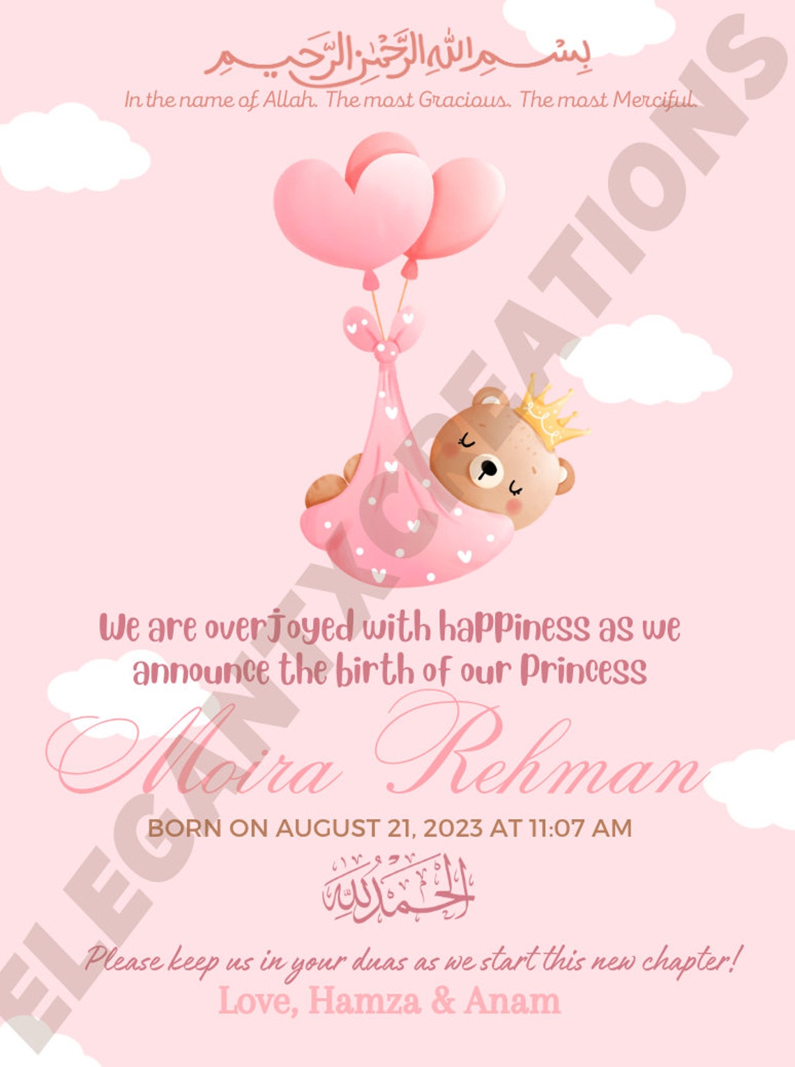 Editable Digital Muslim Baby Girl Announcement Card/ New Babygirl ...