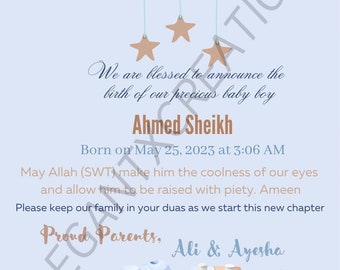 Editable Digital Muslim Baby Boy Announcement Card/ New Baby Boy ...