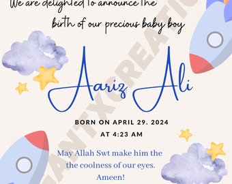 Editable Digital Muslim Baby Boy Announcement Card/ New Baby Boy ...