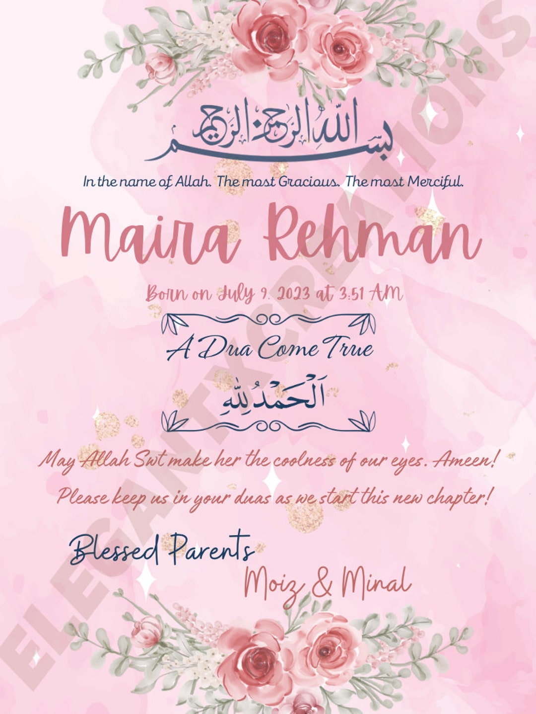 Editable Digital Muslim Baby Girl Announcement Card/ New Babygirl ...