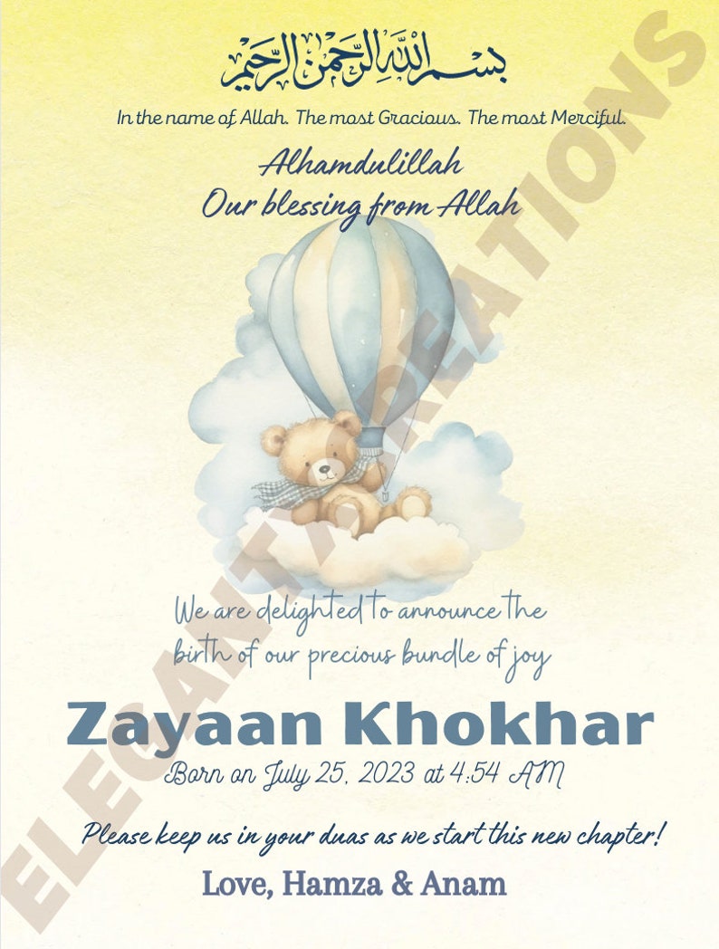 Editable Digital Muslim Baby Boy Announcement Card/ New Baby Boy ...