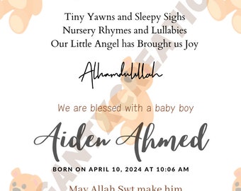 Editable Digital Muslim Baby Boy Announcement Card/ New Baby Boy ...