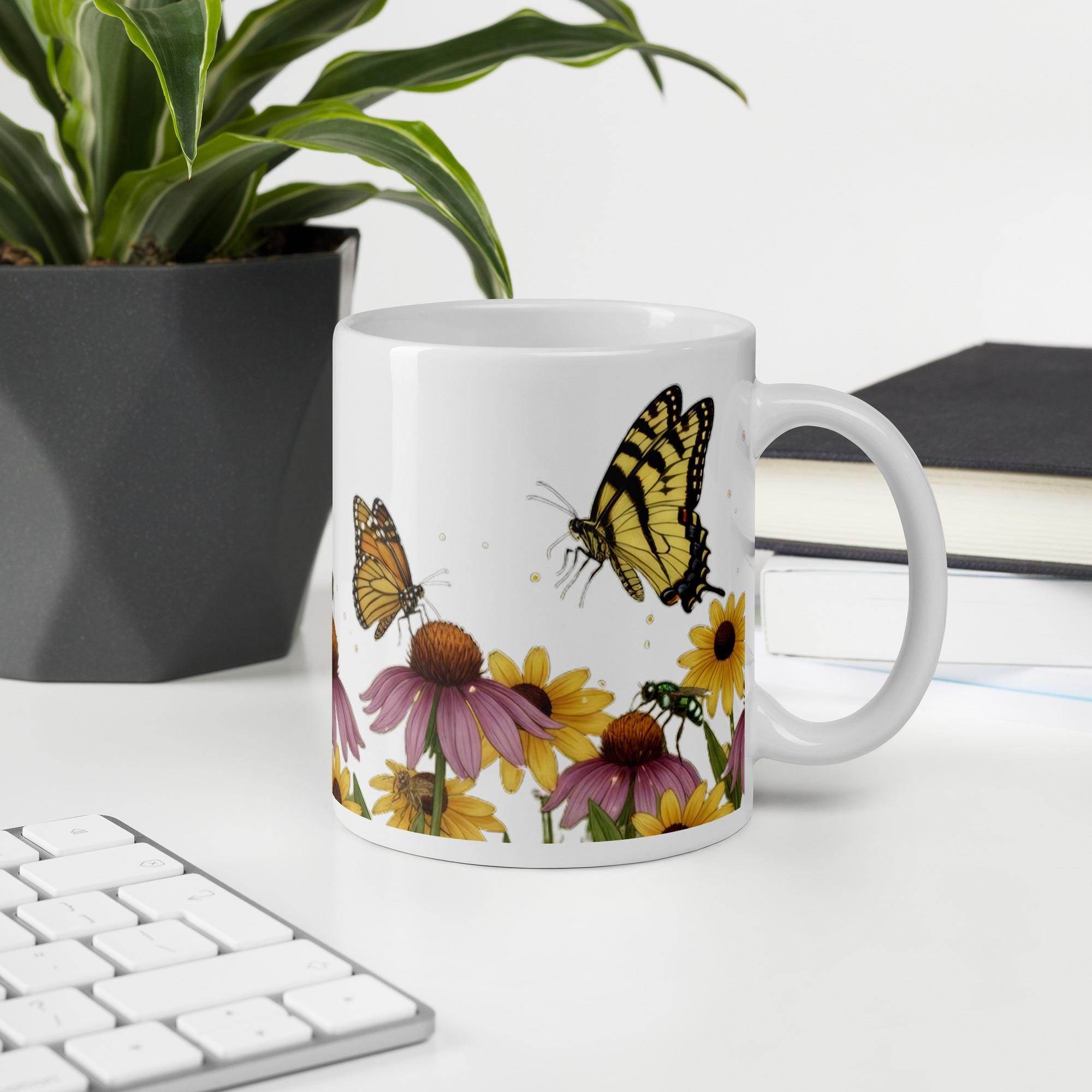Panoramic Garden Insects Mug, Monarch Butterfly Tiger Swallowtail Bees ...