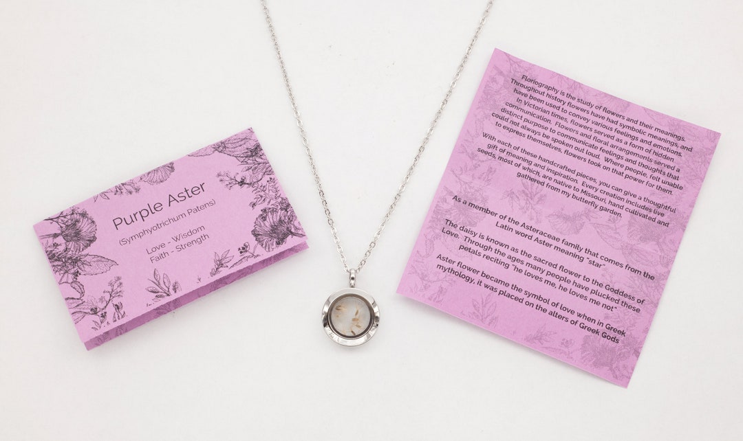 Purple Aster Floriography Wildflower Necklace / Keychain Circle Infinity Pendant Expressive ...