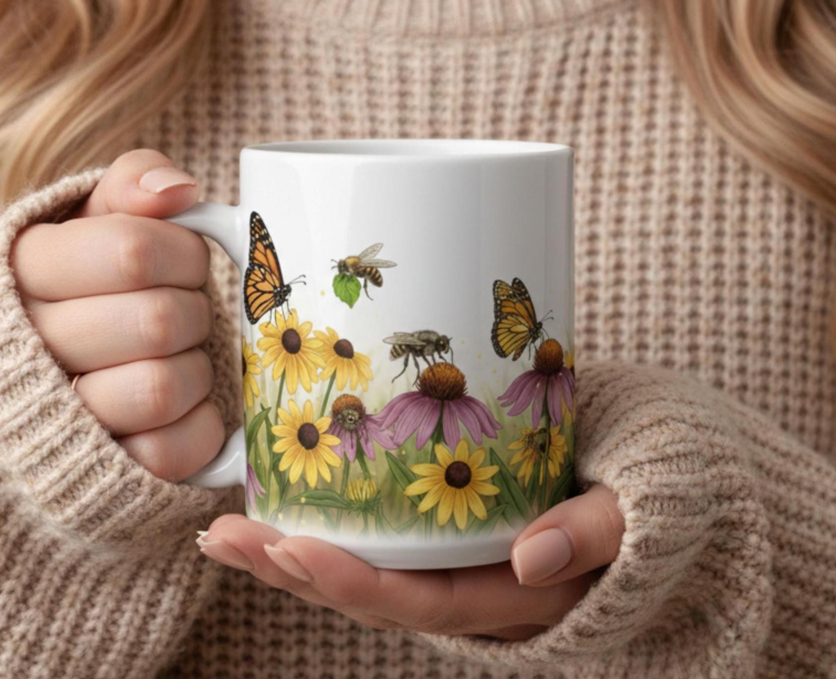 Panoramic Garden Insects Mug, Monarch Butterfly Tiger Swallowtail Bees ...