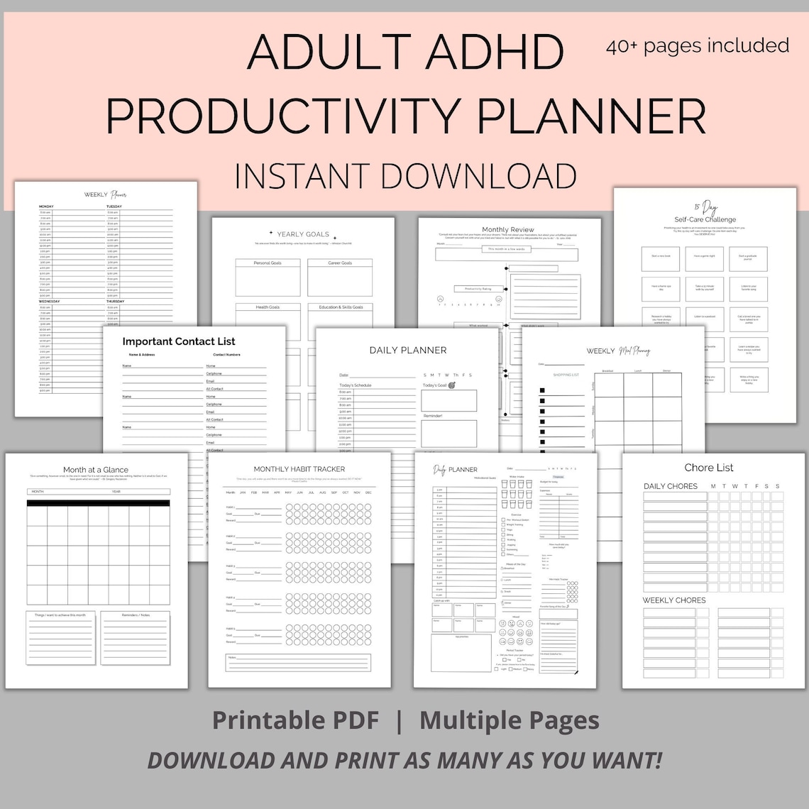 ADHD Printable Planner, Adult Printable Planner, Organizational Planner ...