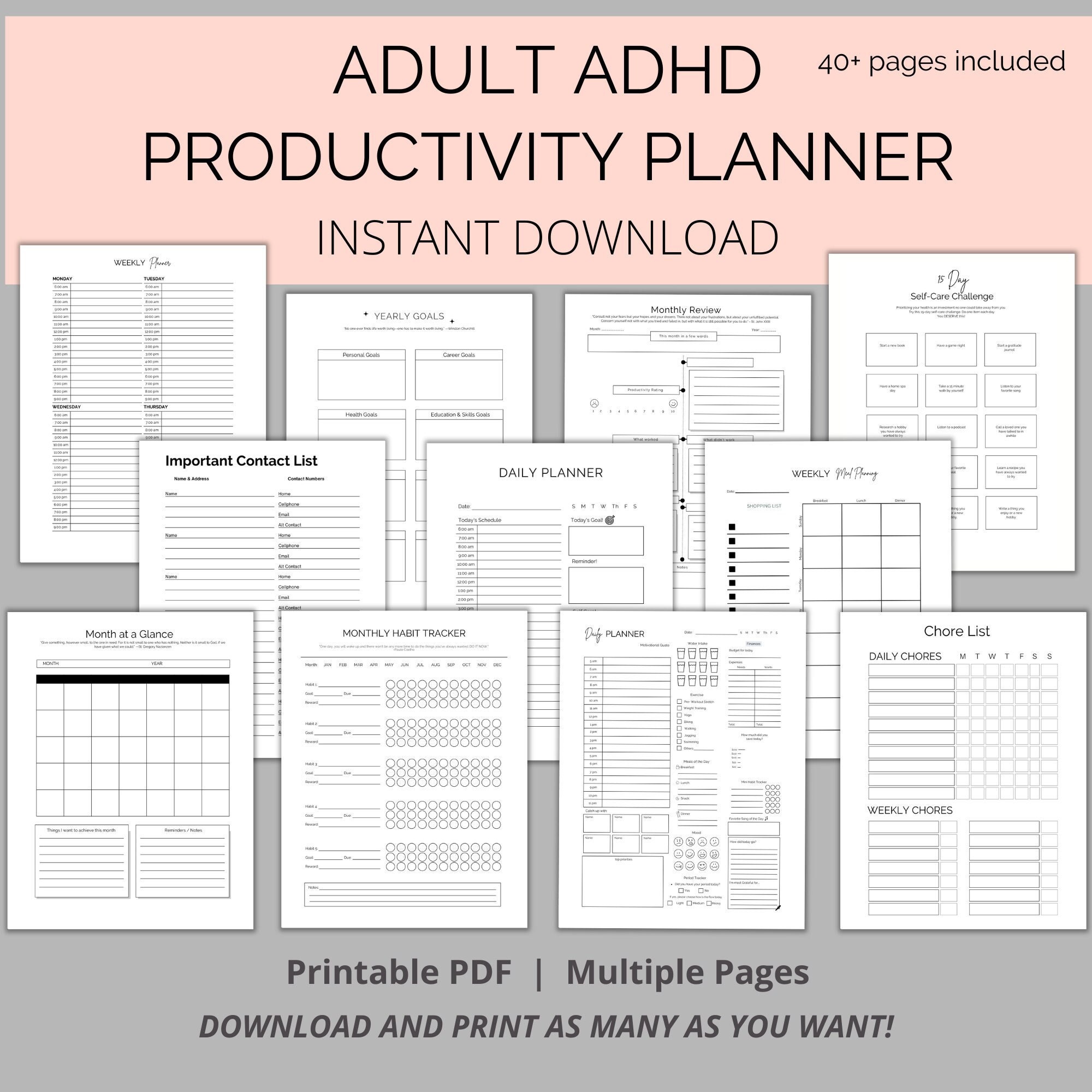 ADHD Printable Planner, Adult Printable Planner, Organizational Planner ...