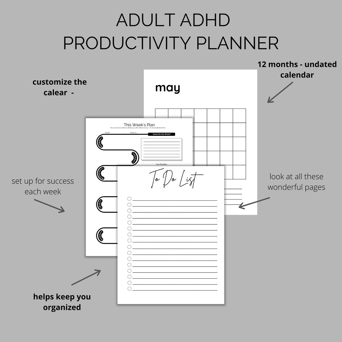 ADHD Printable Planner, Adult Printable Planner, Organizational Planner ...