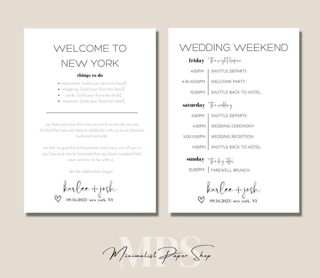 Chic Black and White Wedding Welcome Card and Events Schedule Template ...