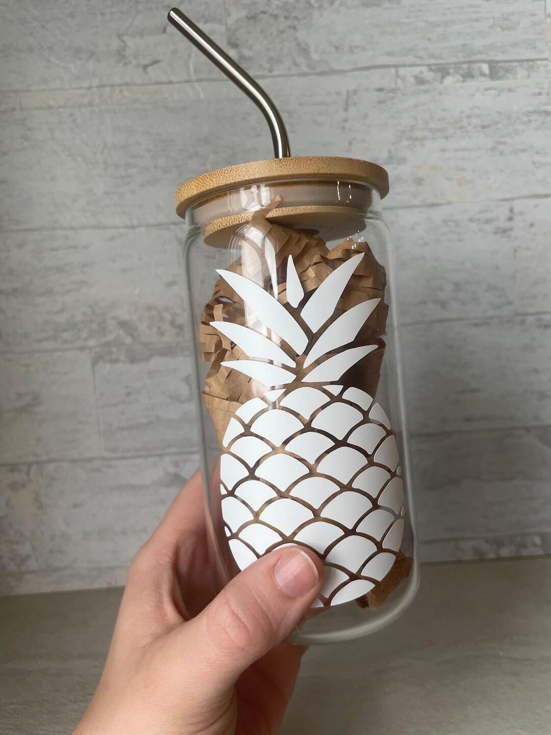 Pineapple Glass Cup With Lid and Straw, Glass Beer Can Cup, 16 Oz Iced ...