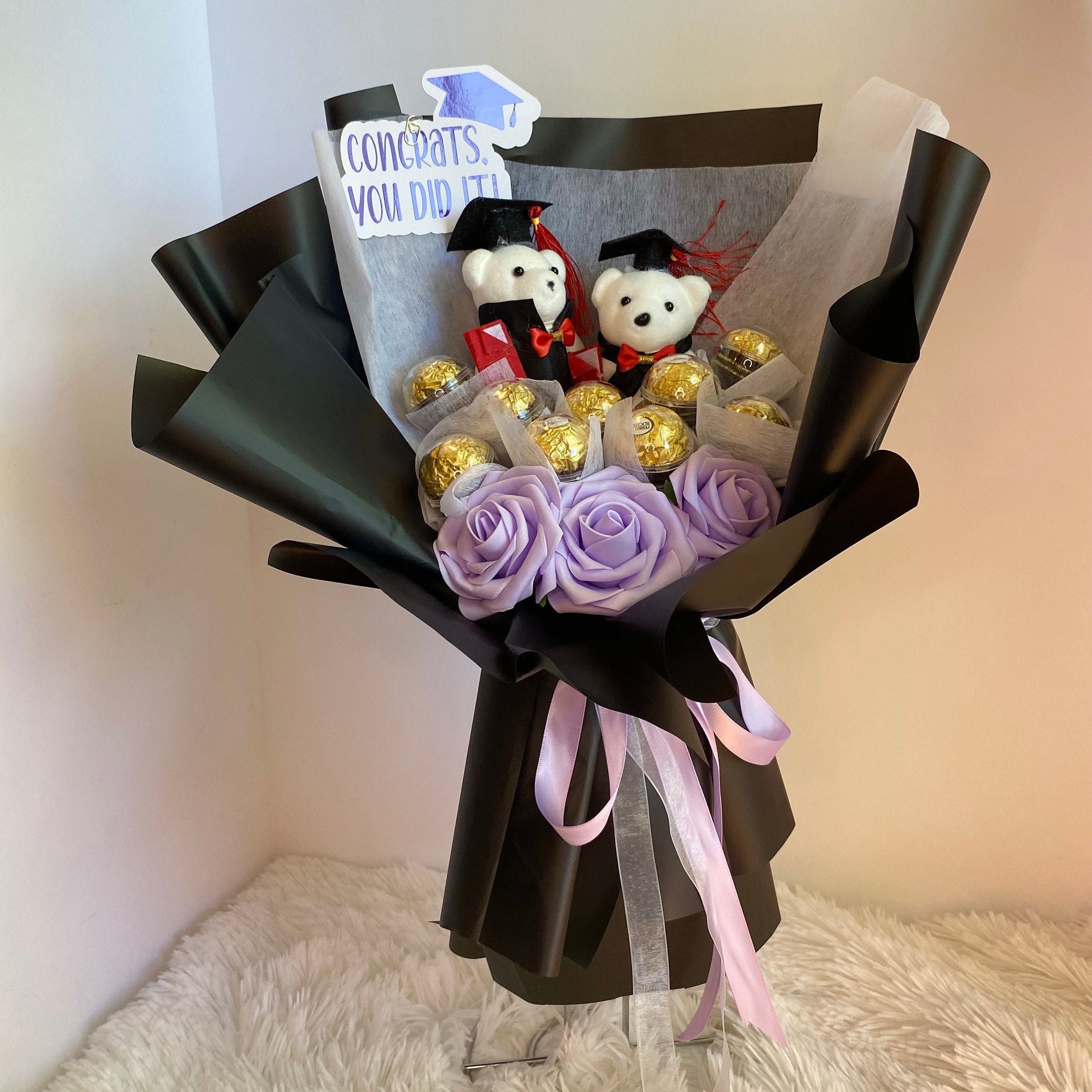 Custom Black Graduation Bear Flower Bouquet Graduation Plush Bear Gift ...