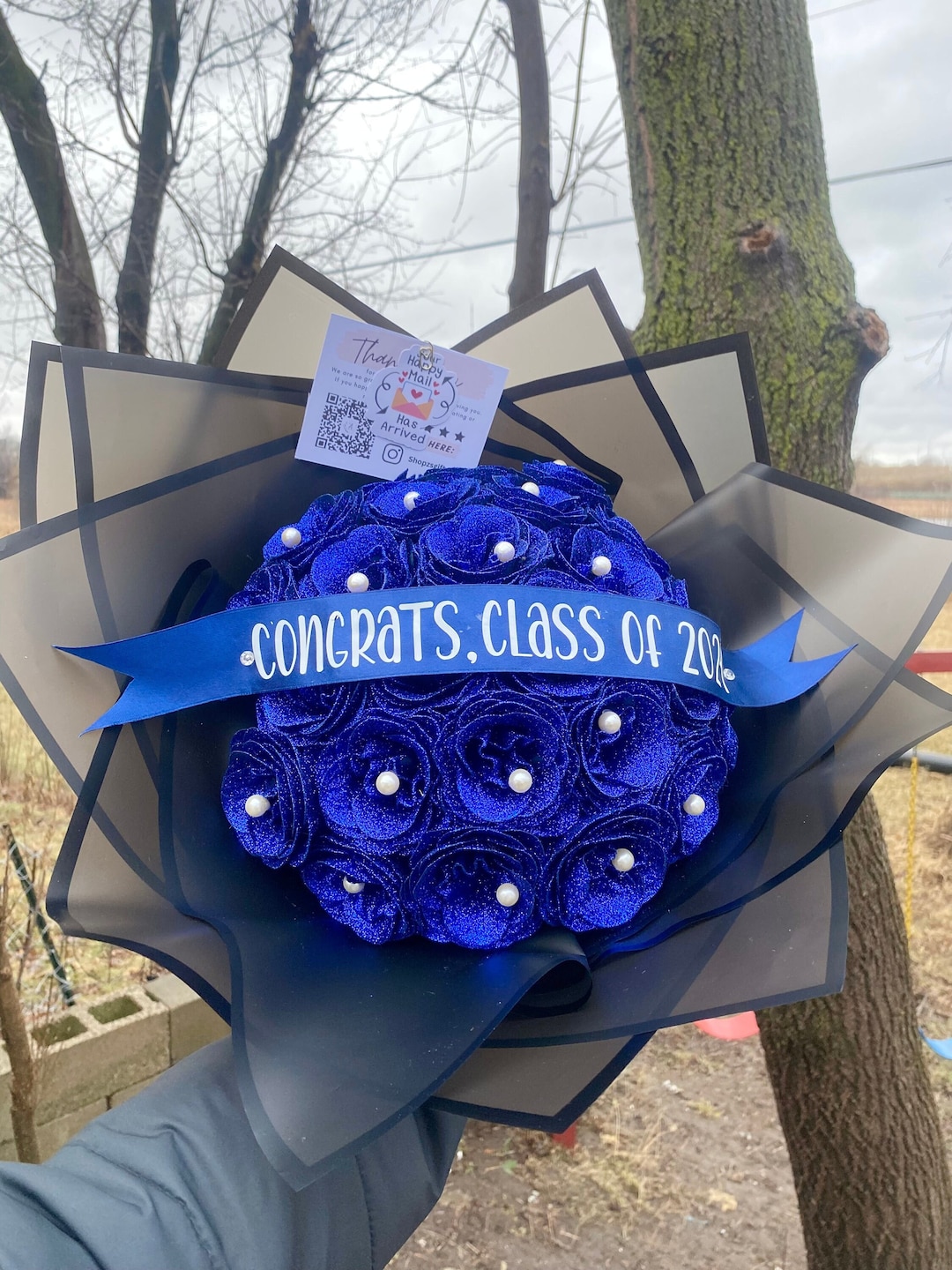 Blue Glitter Rose Graduation Bouquet: Handmade Floral Gift - Etsy