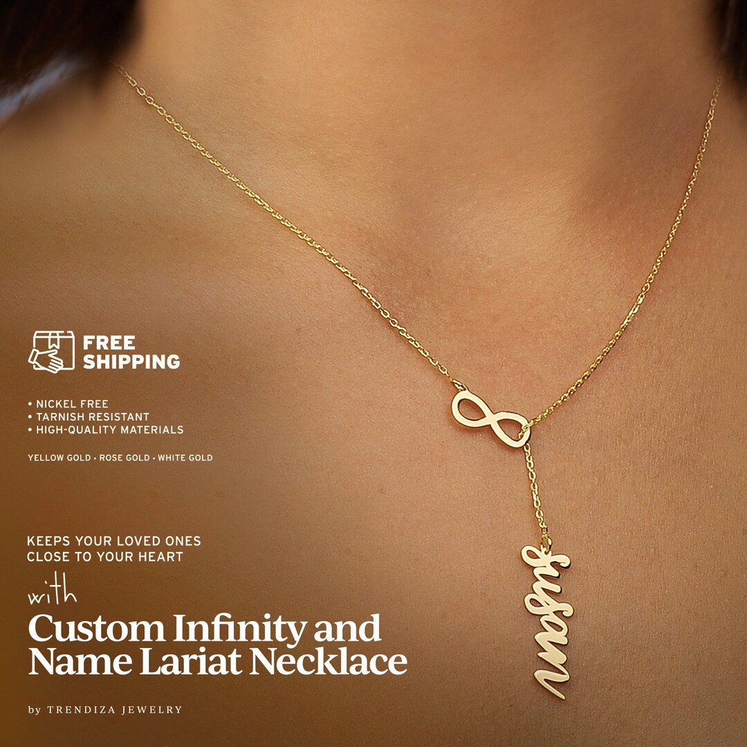 14K Solid Gold Custom Infinity and Name Lariat Necklace - Etsy