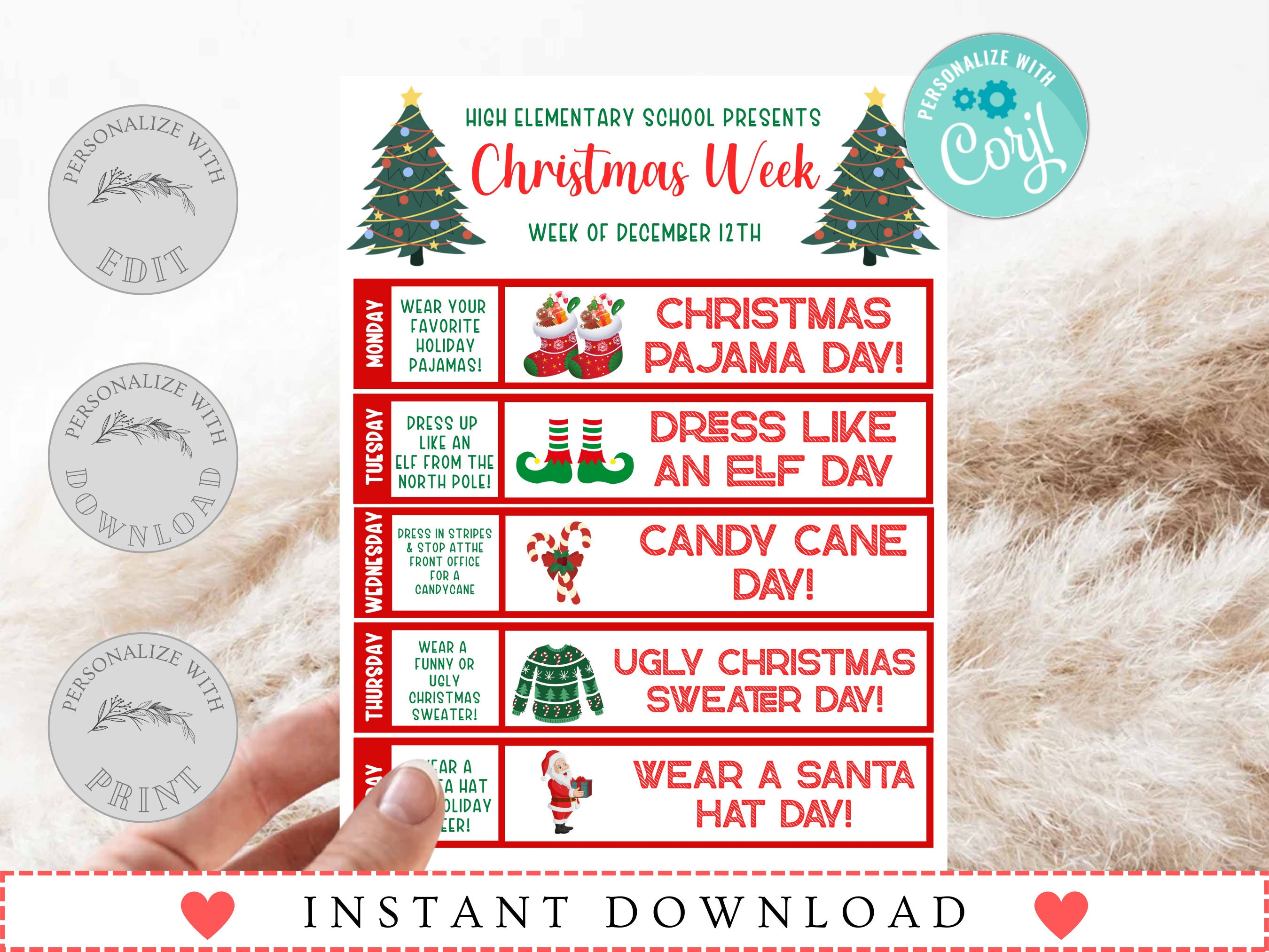 Christmas School Spirit Week Itinerary Schedule, Daily Weekly Calendar ...