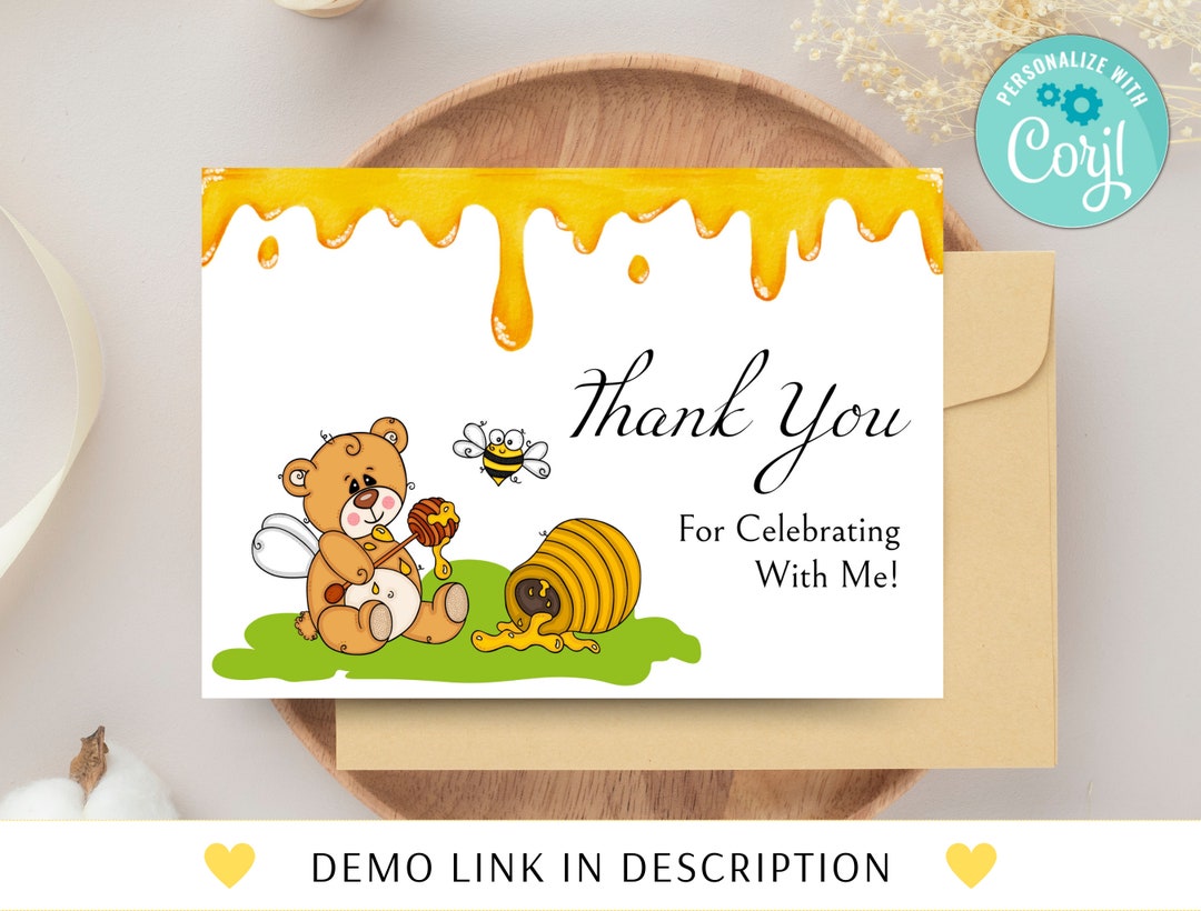 EDITABLE Bee Thank You Card, Honey Bee First Birthday Note Card, Bumble ...