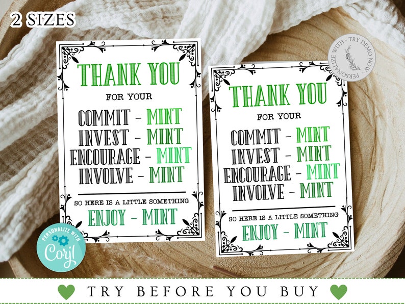 Thank You Mint Printable, Appreciation Mint Printable Tag, Editable ...